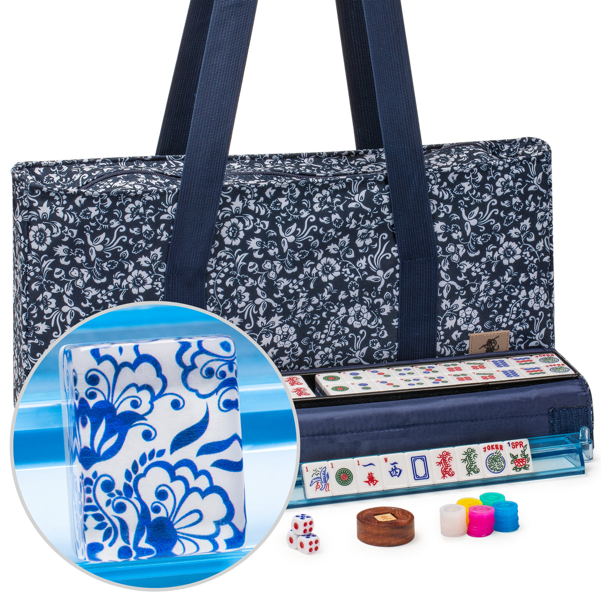 American Mahjong Set, "Chinoise II" with Floral Blue Soft Case - Racks ...