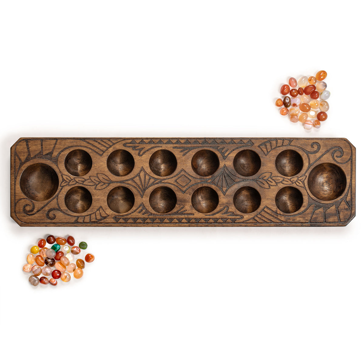 Mancala Set With Solid Wood Board and Quartz Pebble Playing Pieces ...